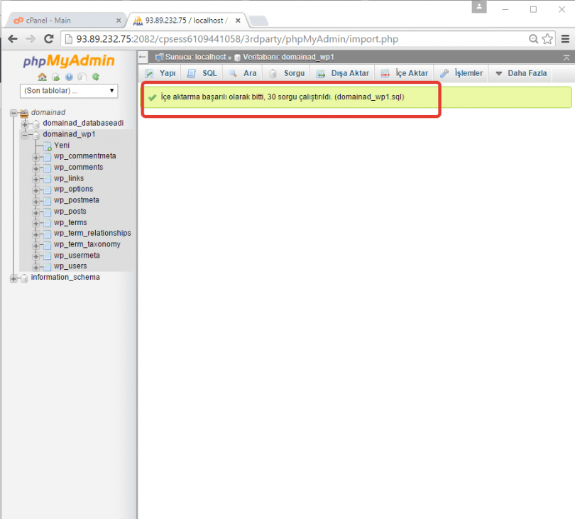 cPanel phpMyAdmin ile MYSQL veri tabanı yedeğimi nasıl yükleyebilirim ...